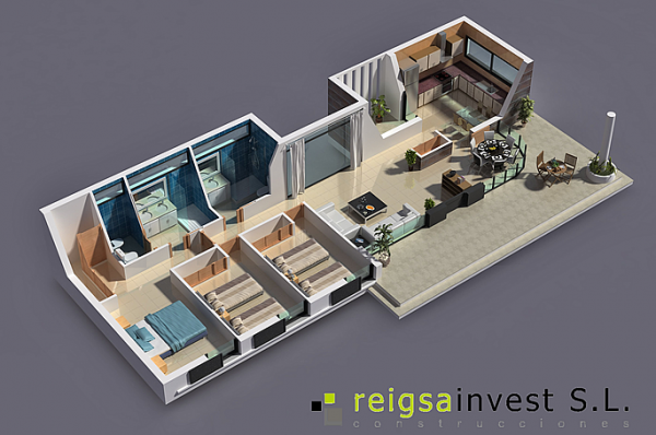 Togerseo: Plano de Casa de 3 habitaciones en 3D