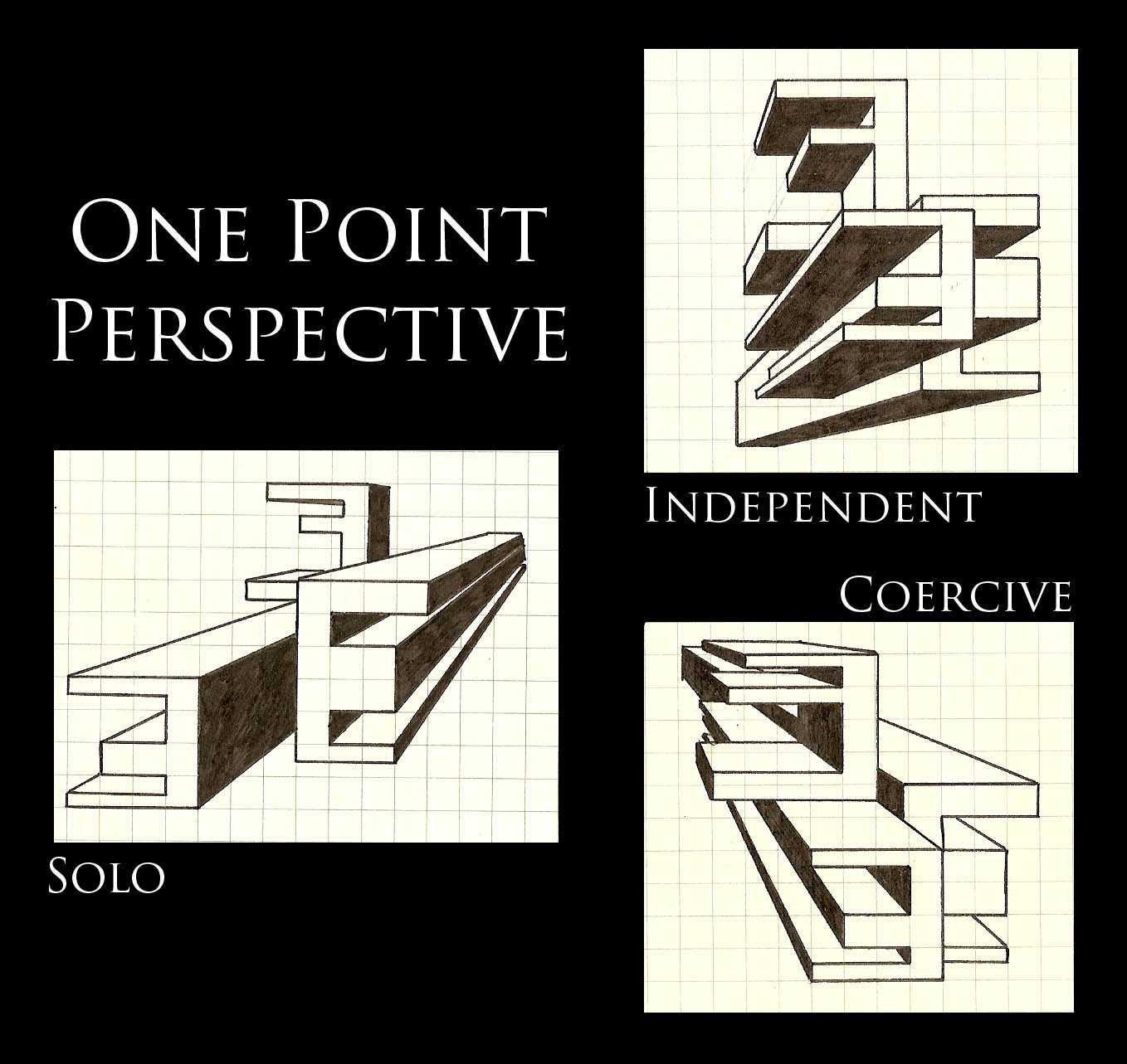 Patrick Marsden: Mixture of 18 One Point & Two Point Perspective Drawings