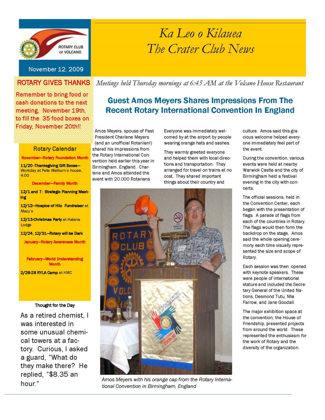 Rotary Club of Volcano: Rotary Newsletter Nov. 5 2009