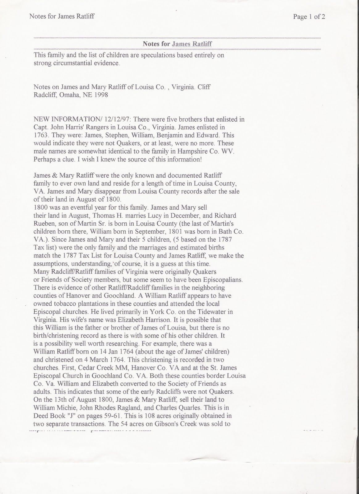 Radcliff Family Tree: Info for James Ratliff and Mary Ratliff