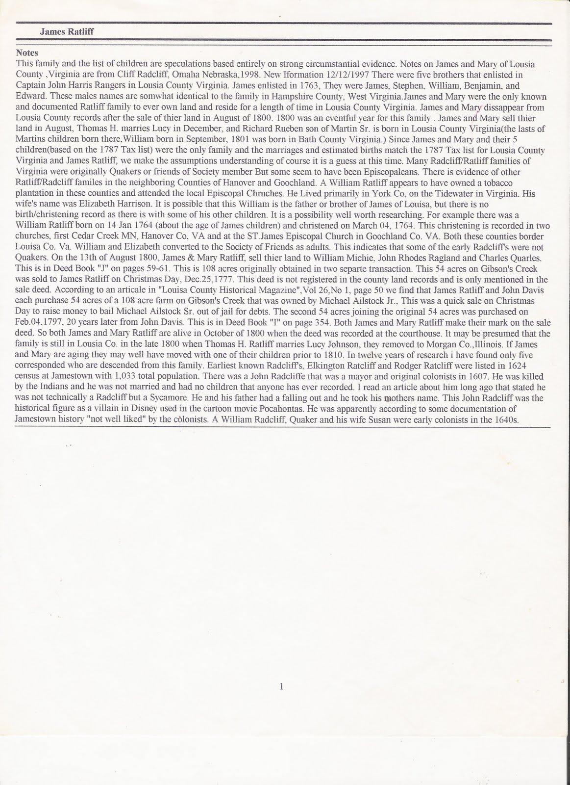 Radcliff Family Tree: Info for James Ratliff and Mary Ratliff