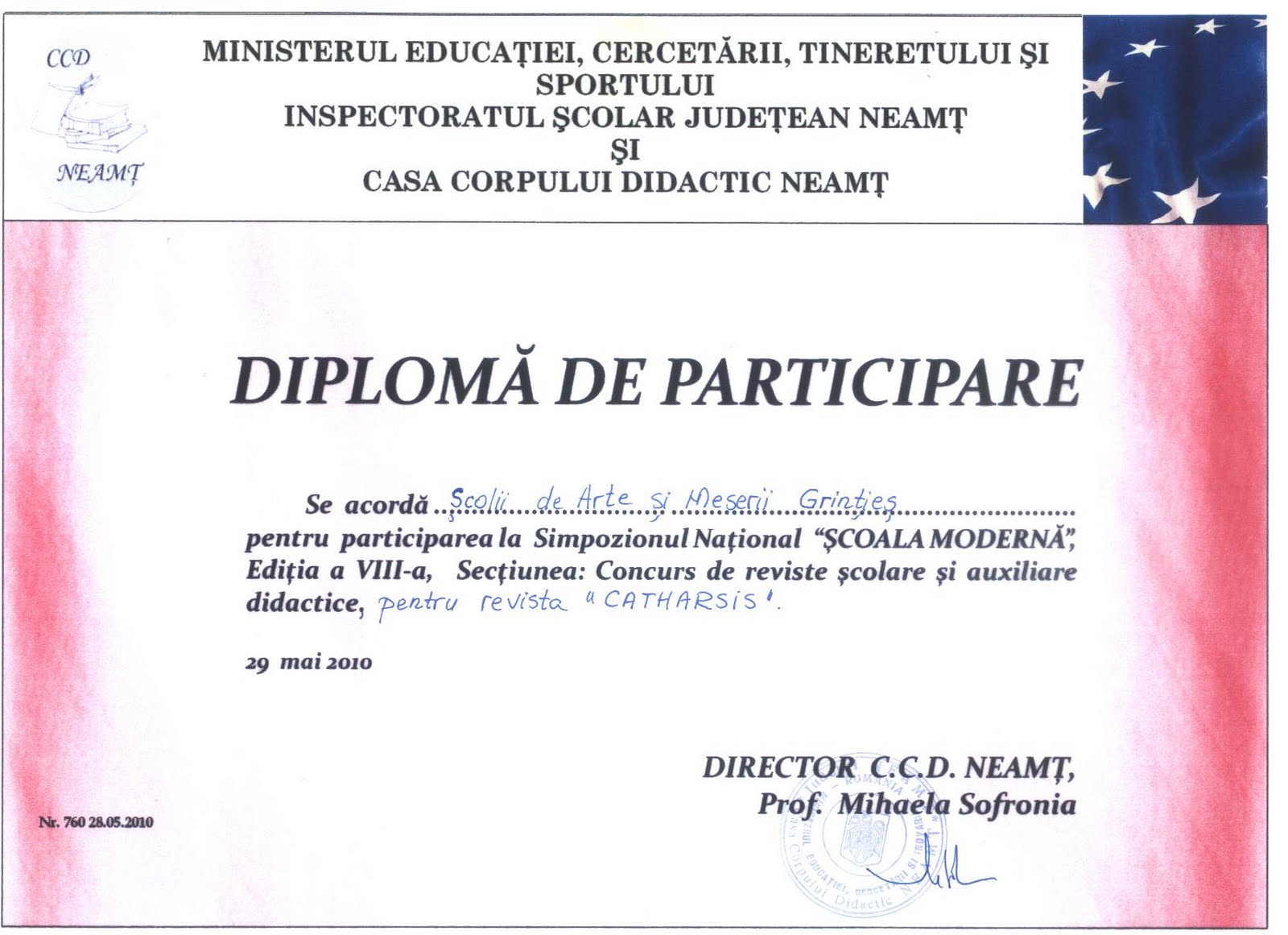 ŞCOALA GIMNAZIALĂ ,,CONSTANTIN PANŢIRU" GRINŢIEŞ: Diploma de ...