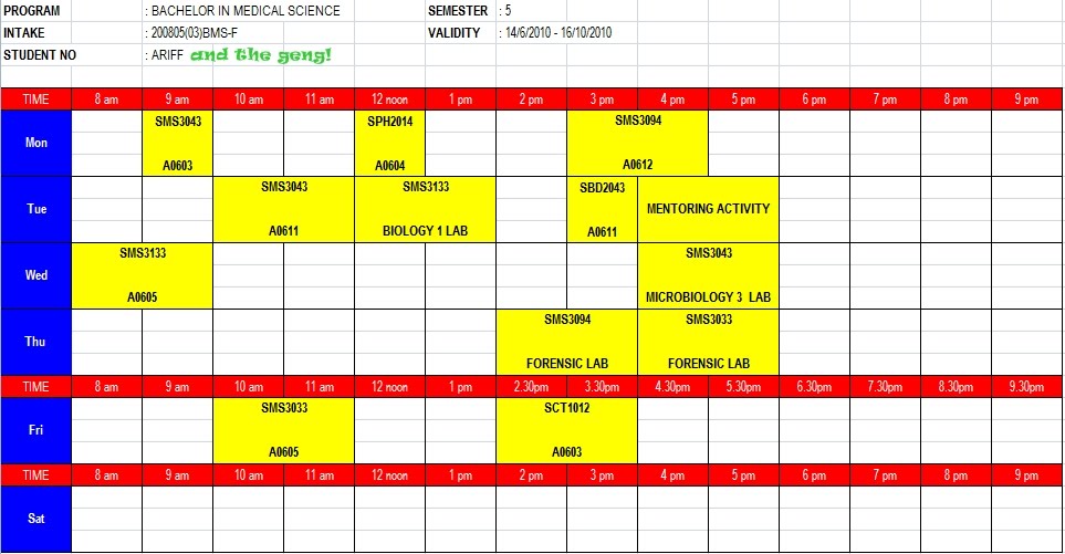 BMS GENERATION: Semester 5: Timetable