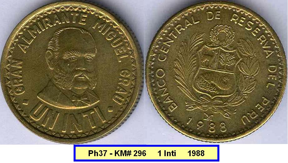 numismatica del peru, monedas peruanas, peruvian coins: 1 inti 1988 Brass