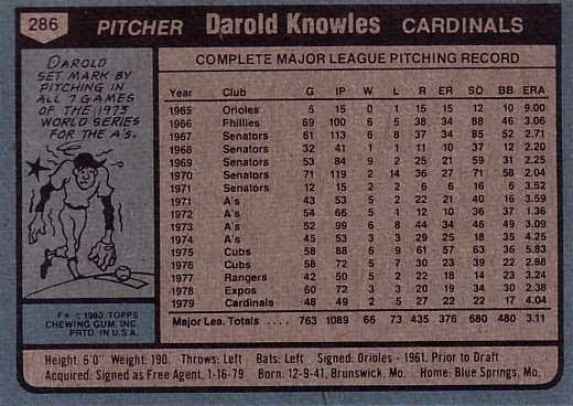 1980 Topps Baseball: #286 Darold Knowles