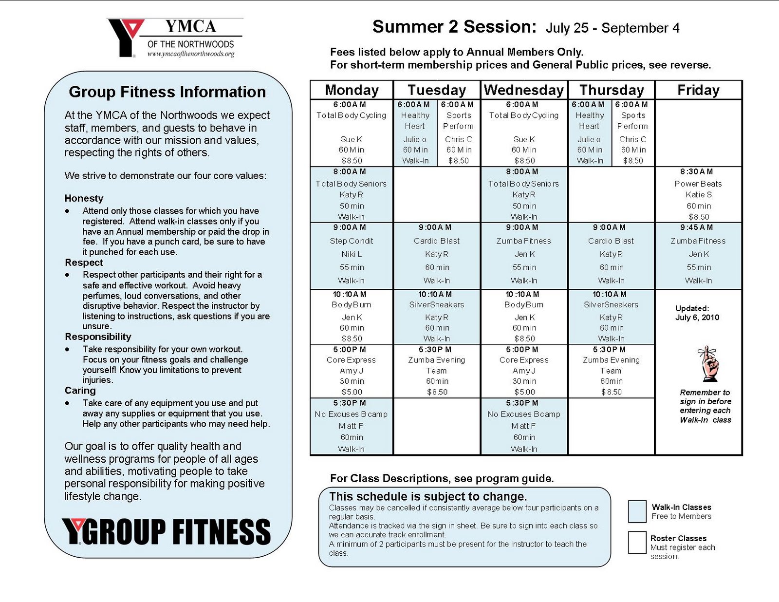 YMCA of the Northwoods Wellness: Summer 2 Schedule Update