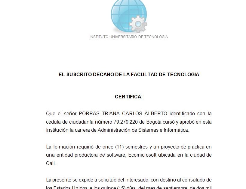 Elaboración y manejo de documentos Institucionales: Ejemplo: Certificación