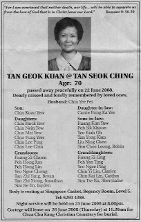 Singapore Obituaries: 080622-Tan Geok Kuan @ Tan Seok Ching