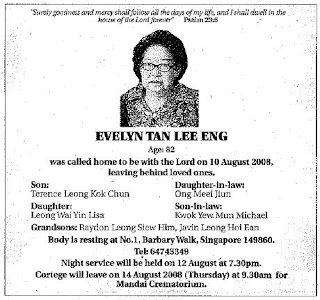 Singapore Obituaries: 080810 Evelyn Tan Lee Eng