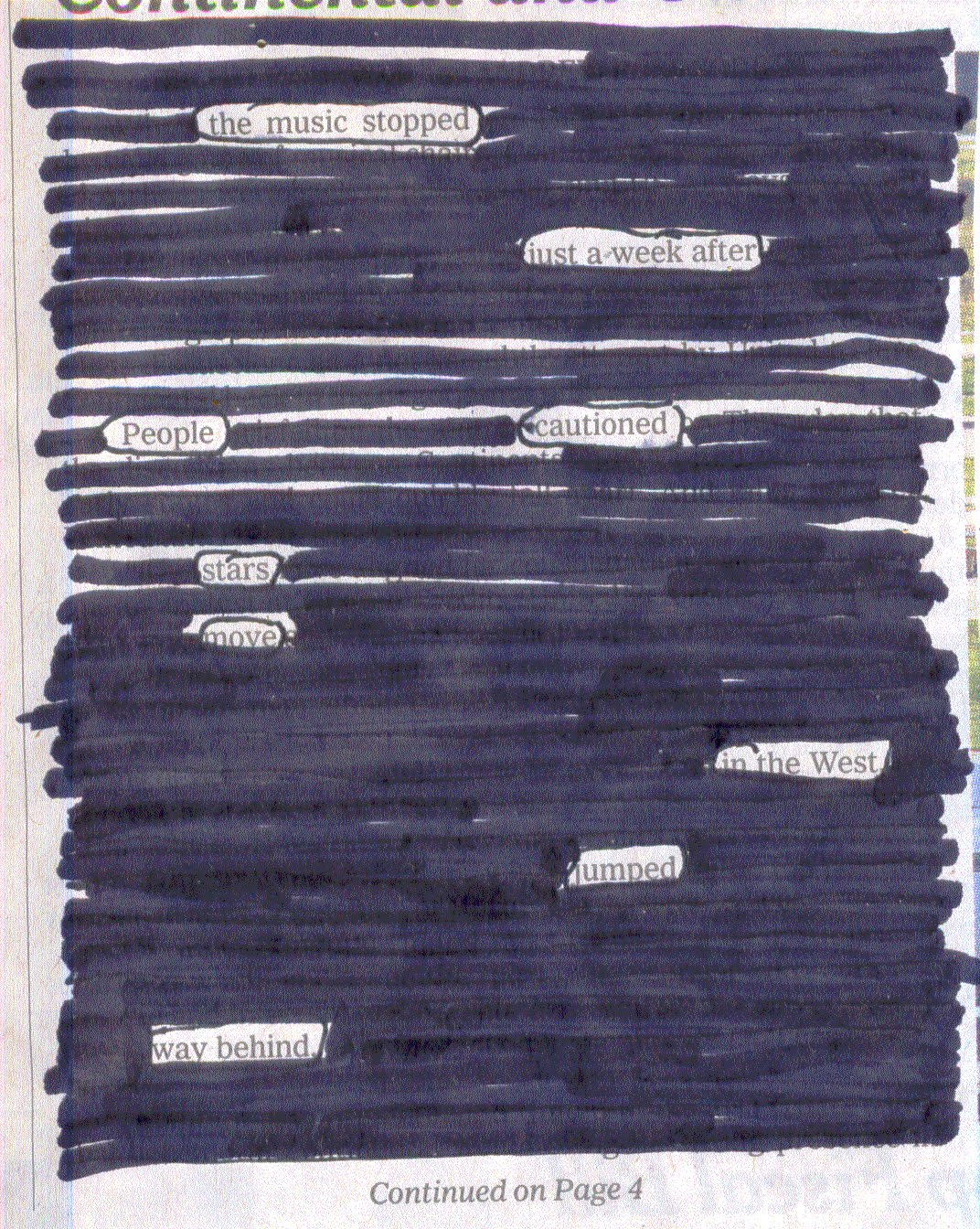 Tony Renner: Artist: Newspaper Blackout Poem #3
