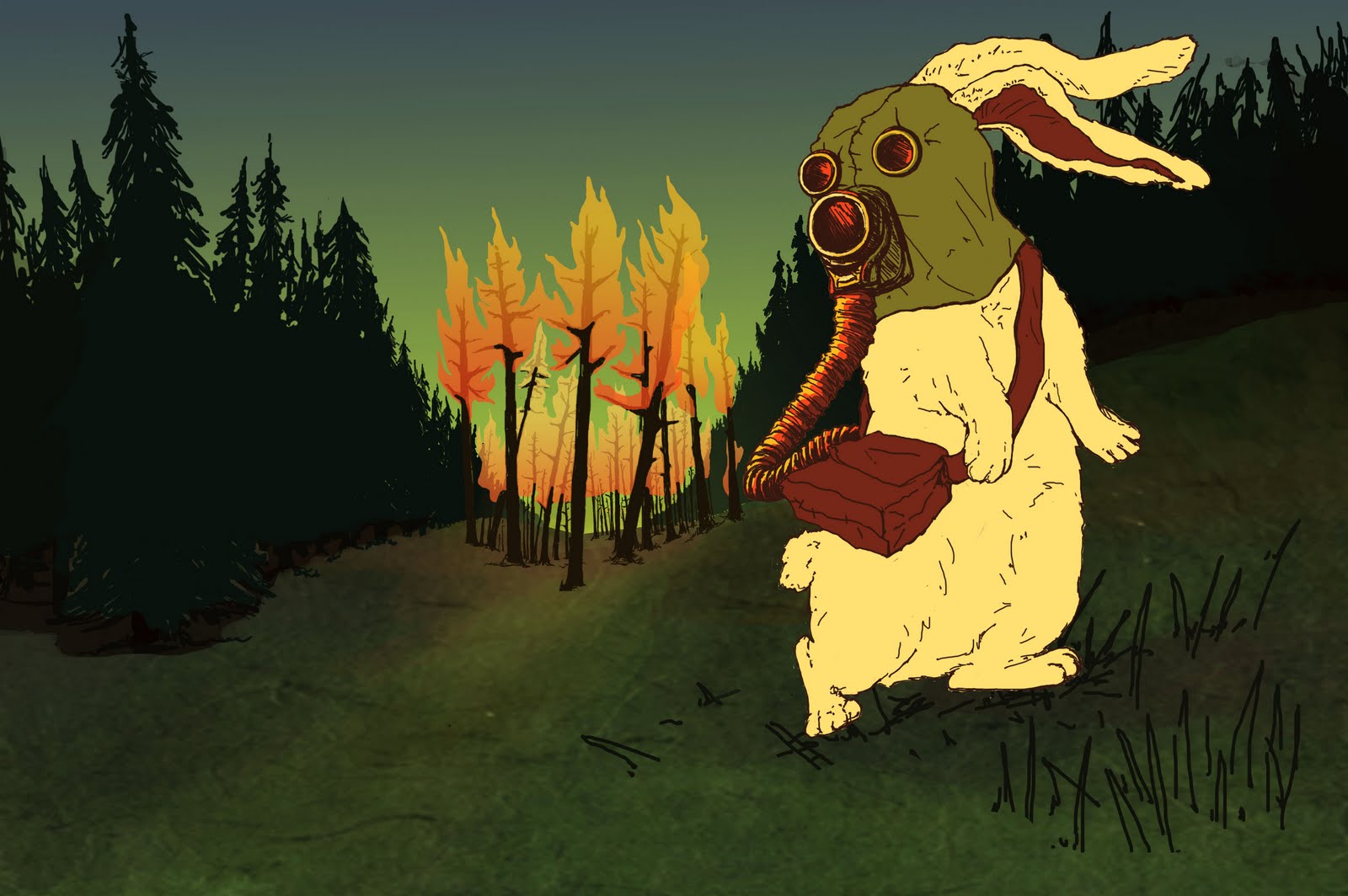 Munns Bunns: Bunny in Gas Mask Leaves the Fire