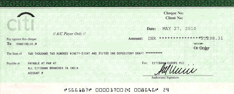 Zero investment: Cheque Proof : CitiBank | Client : Pandiselvi