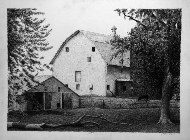 Joel Lueck: Barn #23 Pen and ink Drawing of a Barn near Manilla, Iowa
