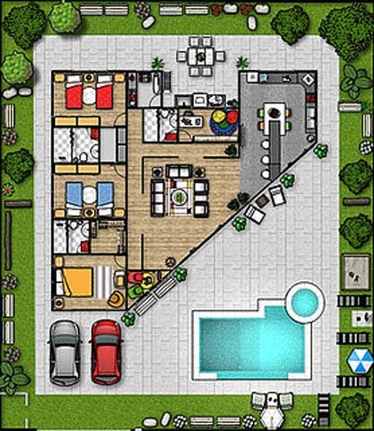 [PLANO DE CASA] GRANDE TRIANGULAR DE UNA SOLA PLANTA 3 DORMITORIOS ...