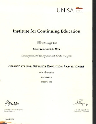 Dr Karel Johannes de Beer: MY UNISA CERTIFICATE: OPEN DISTANCE LEARNING