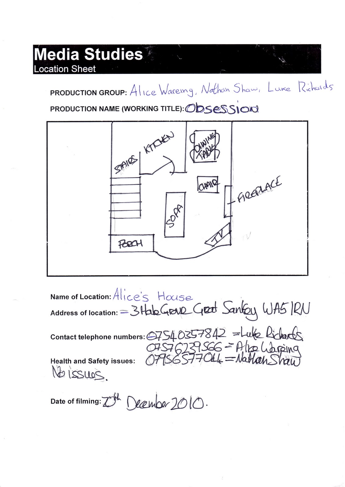 Media Studies: Section 7: RECCE AND LOCATION SHEETS