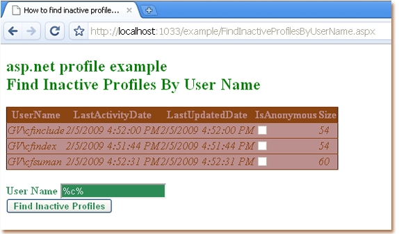 Dot Net Examples: How to find inactive profiles by user name in asp.net
