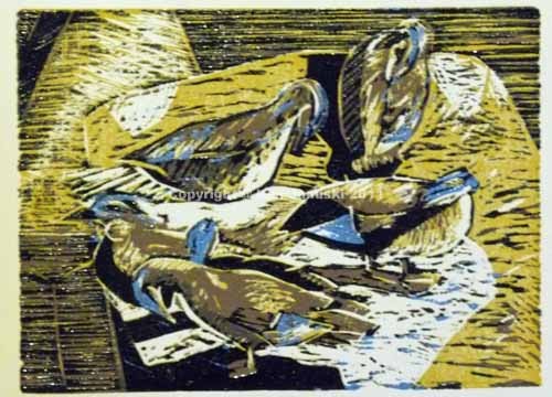 art, birds, nature: End of the Wood Ducks Reduction Linocut
