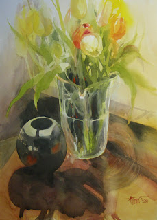 Watermedia by Marilyn Timms: Tulips, Crystal Vase & Bowl