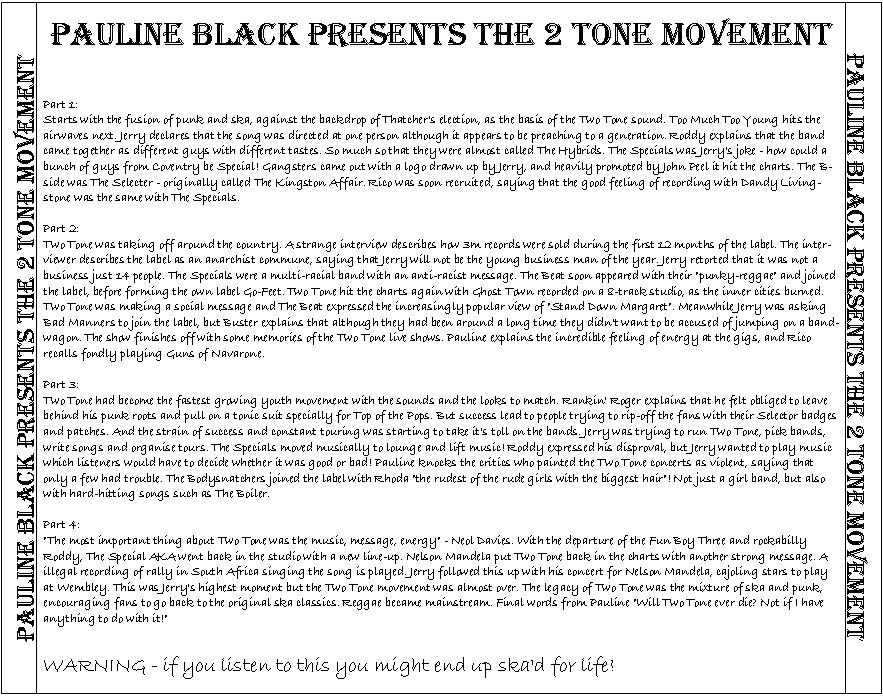 Ska'd 4 Life: Pauline Black Presents the 2 Tone Movement - Radio ...