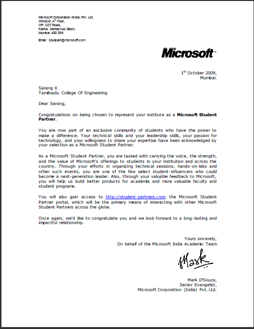 SAARUZ BLOG: Welcome Letter from Microsoft.