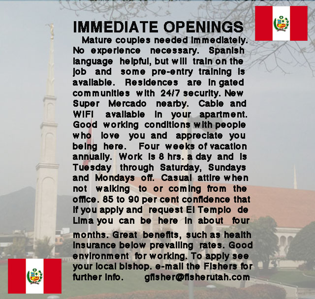 The Lima Peru LDS Temple Mission: Immediate Openings in the Lima Peru ...