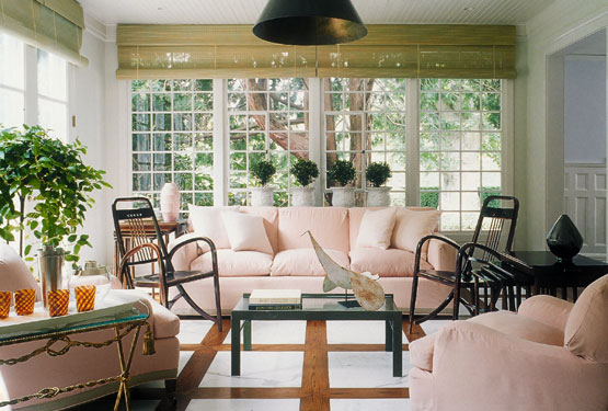 a blonde and a brunette: "a faded salmon color"