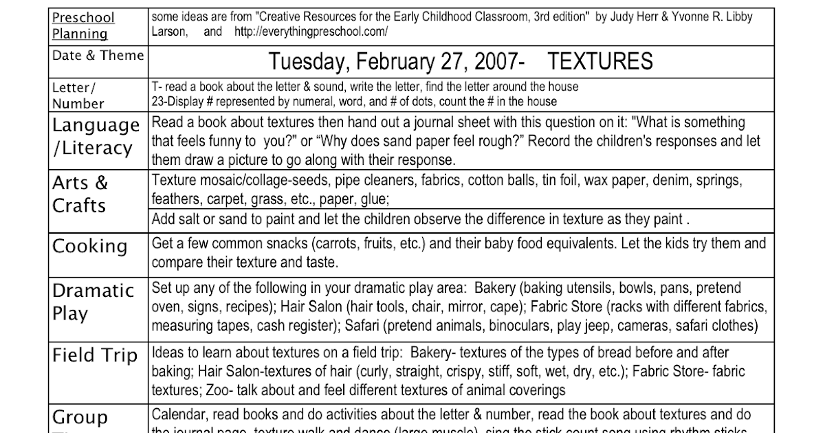 Preschool Is Fun Planning Activities: Texture Lesson Plan