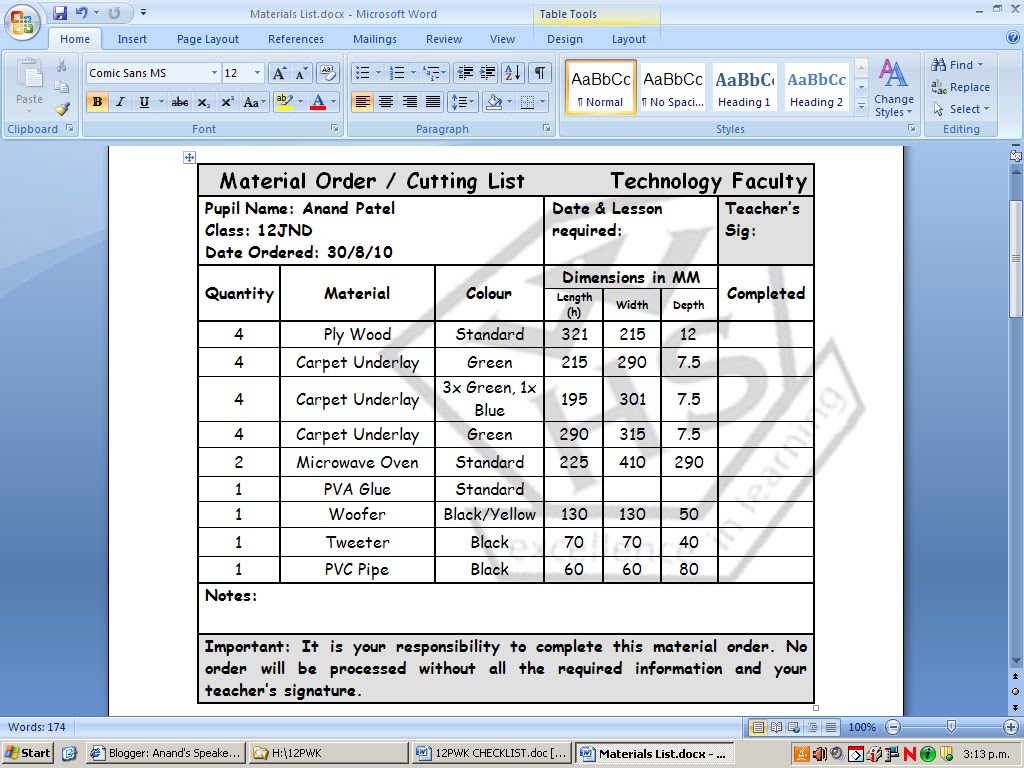 Anand's Speakers '10: Material Order/Cutting List