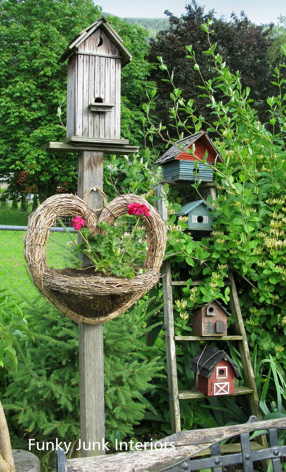 Visit these funky birdhouses! On posts, ladders and more!Funky Junk ...