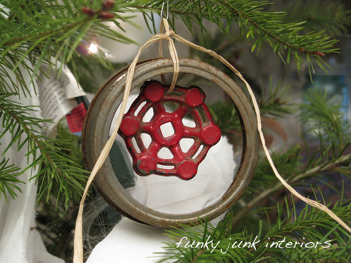 Easy Christmas junk decor with an industrial rim wreath, tap ornaments ...
