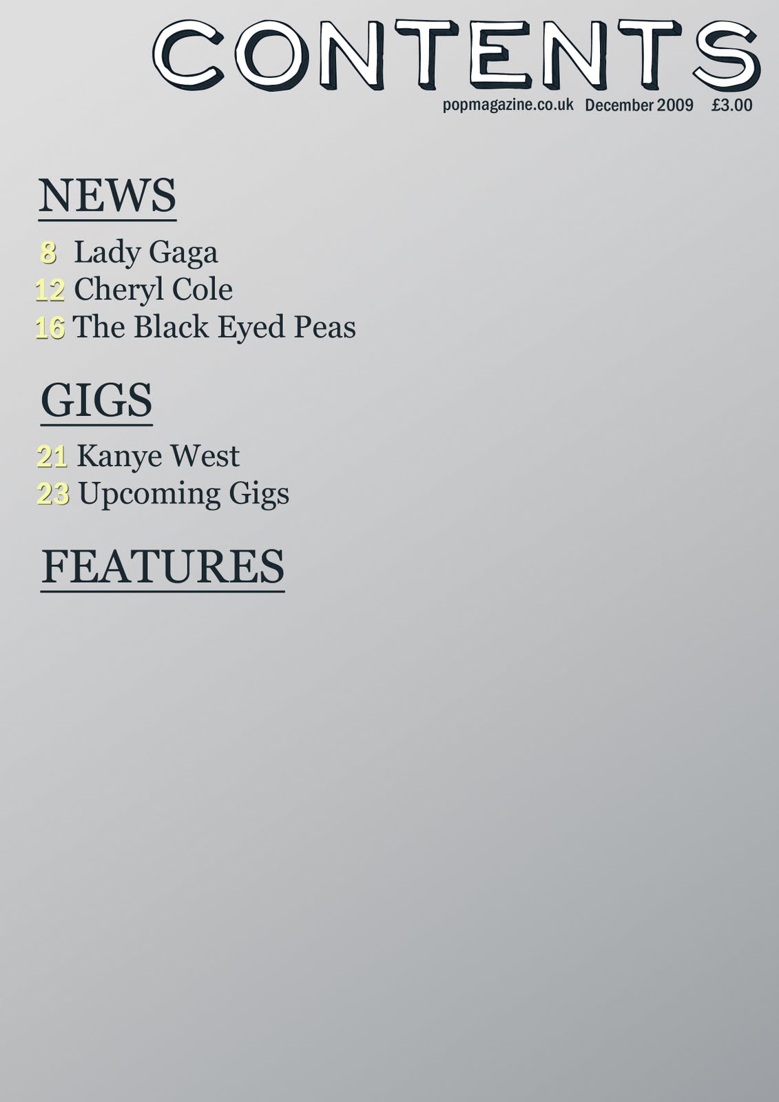Sophie's Media Blog: Music Magazine Table of Contents (Draft 1)