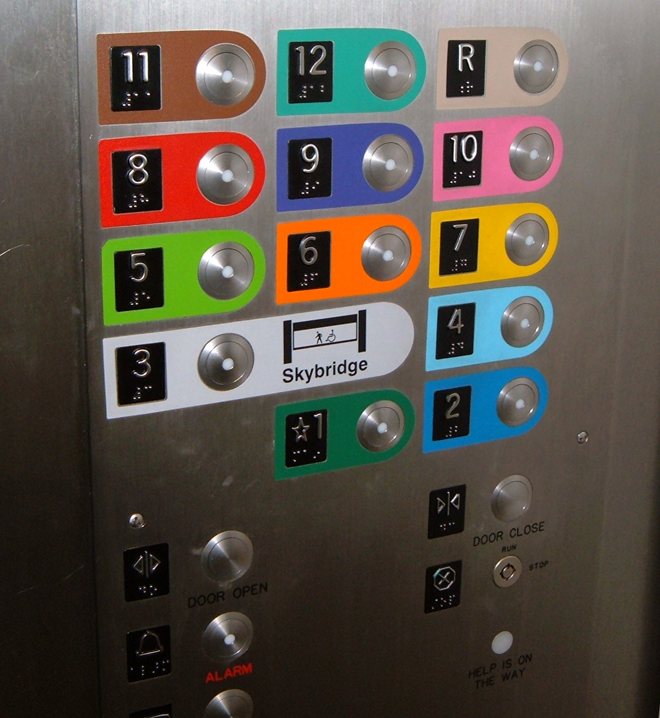 Color, Signage, Elevator buttons