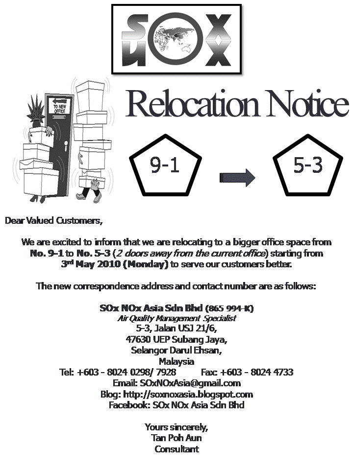 Relocation Notice ~ SOx NOx Asia Sdn Bhd