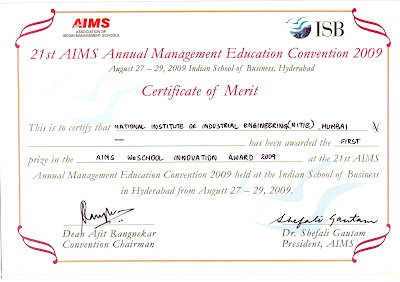 Mandi @ NITIE : AIMS 2009 Innovative Pedagogy GOLD Awardee