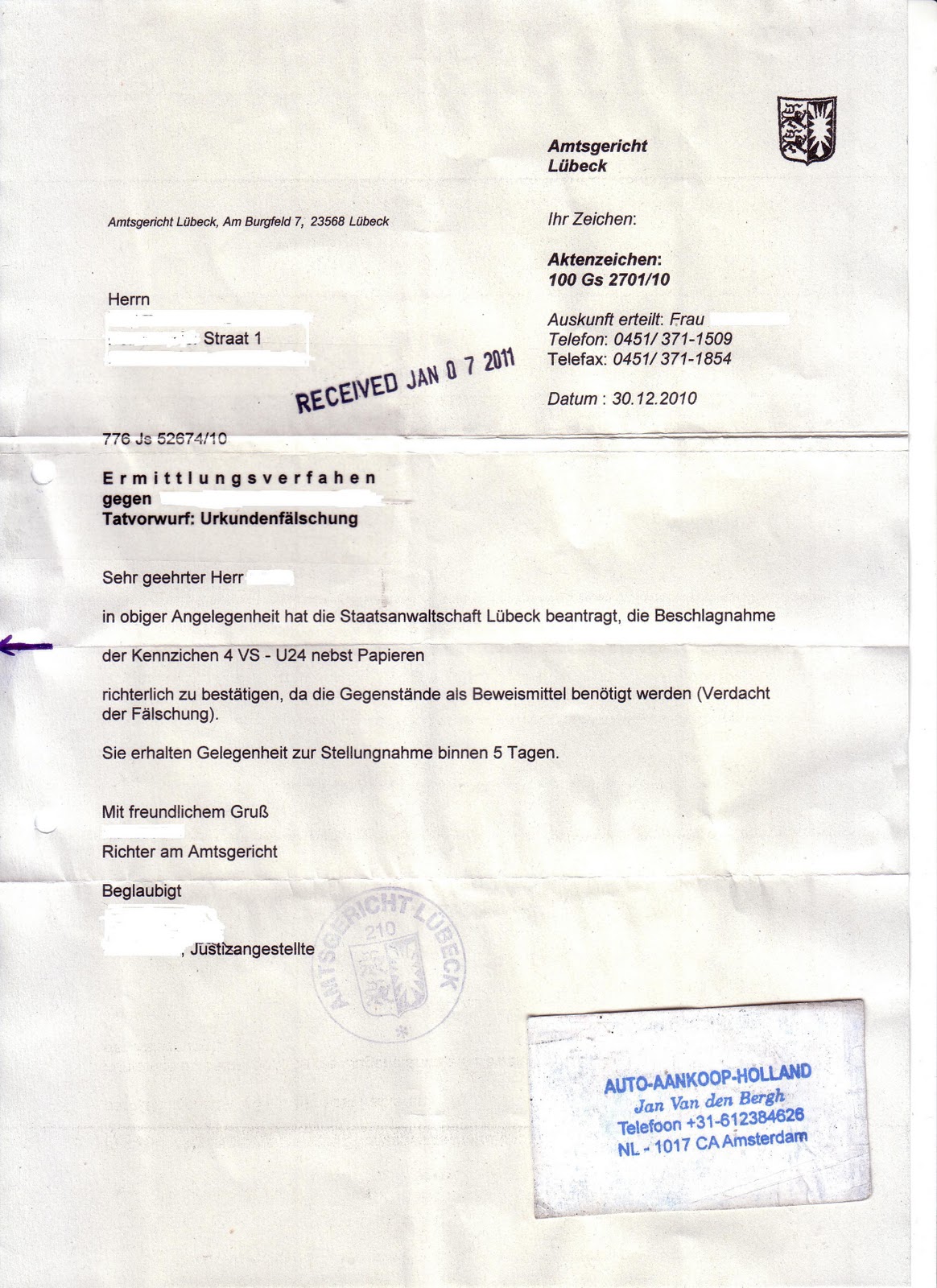 Amtsgericht-Luebeck: Amtsgericht Lübeck Schreiben zu Aktenzeichen: 776 JS 52674/10 und ...