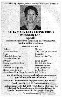 Singapore Obituaries: Sally Mary Lean Leong Choo (Mrs Sally Loh)