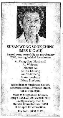 Singapore Obituaries: Susan Wong Sook Ching