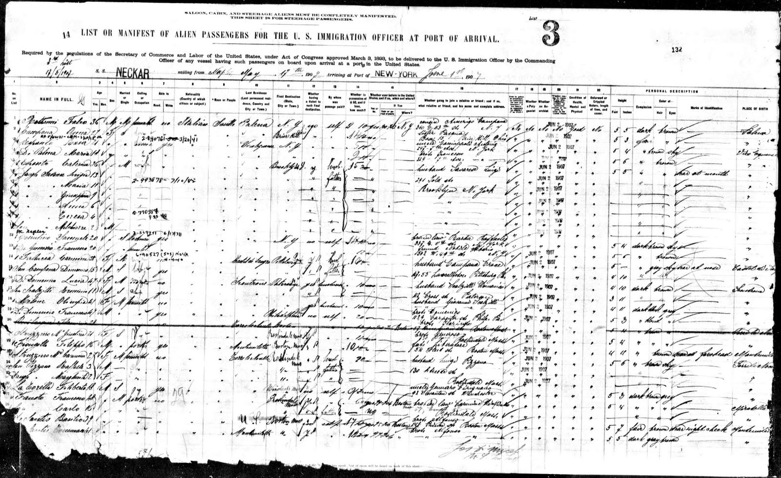 The Genealogy of Torre le Nocelle, Italy: Ship Manifest: SS Neckar - 1 ...
