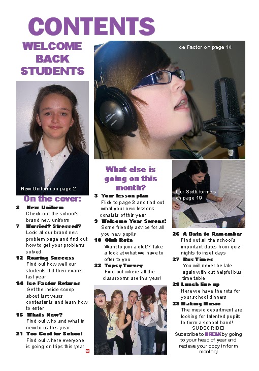 Becky Pilling: Production of School Magazine Contents Page