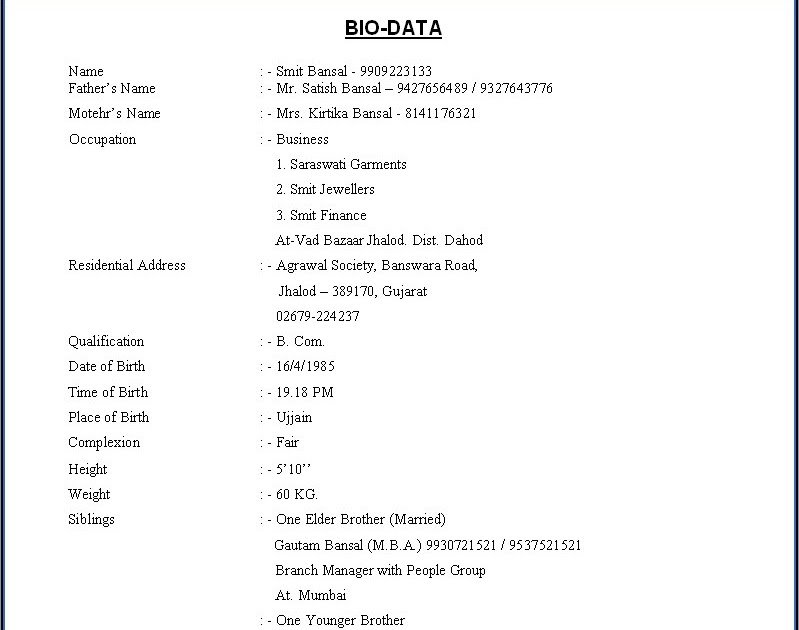 Free Sample Of CV Resume Sample Biodata Format For Marriage Purpose Free Sample Of CV Resume Sample Biodata Format For Marriage Purpose
