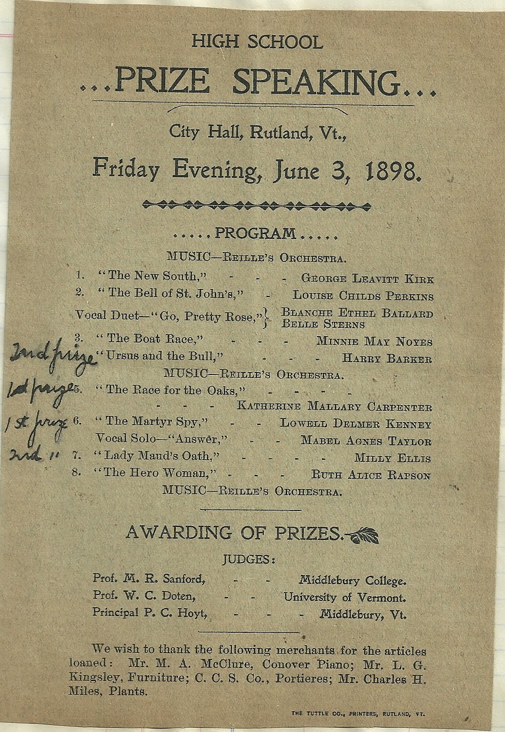 Heirlooms Reunited June 1898 Program Public Speaking Rutland Vermont heirlooms-reunited-june-1898-program-public-speaking-rutland-vermont