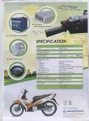 Green Energy in Malaysia: Modenas Electric Motorcycle CTRIC Specification