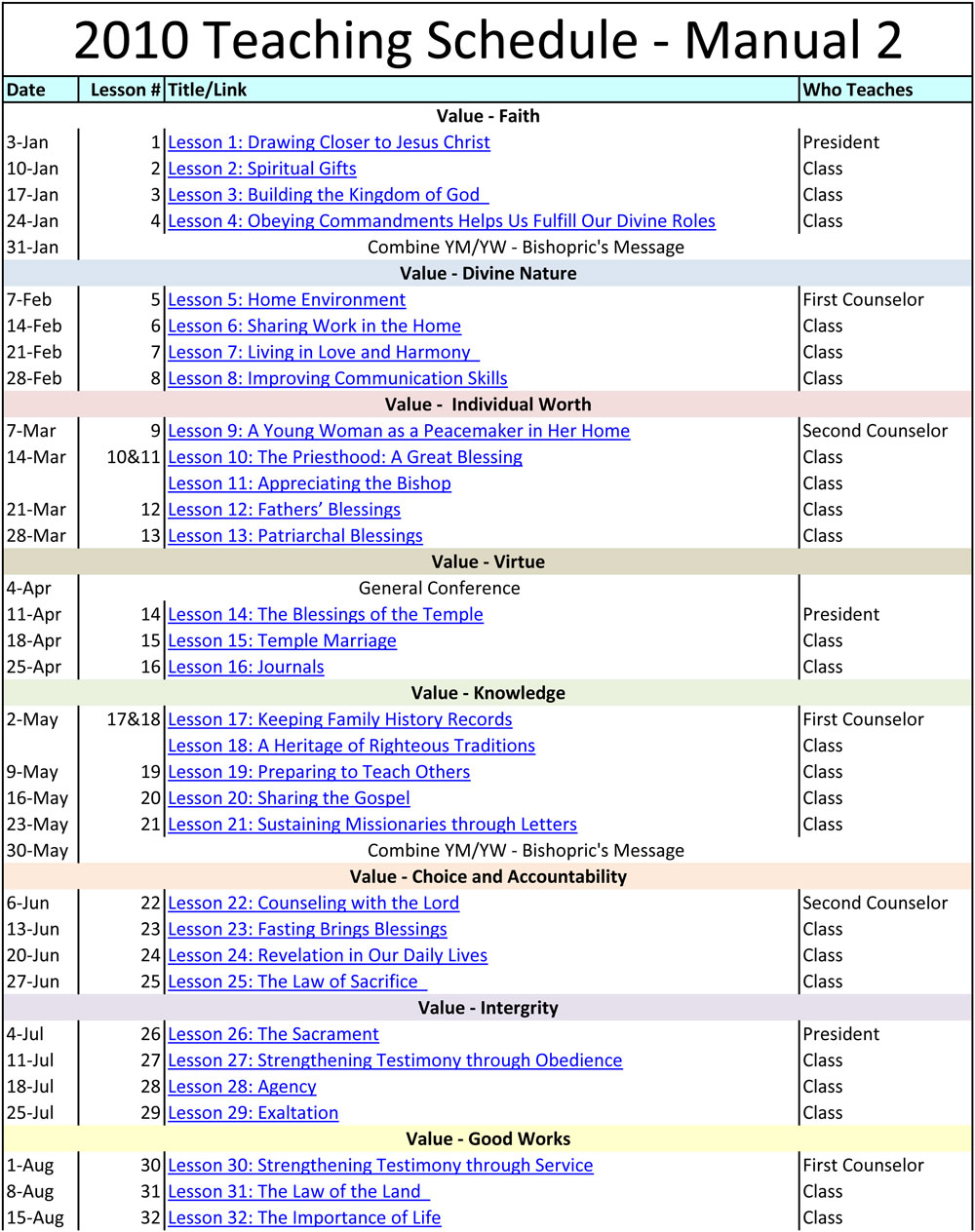 Jill's YW Page: 2010 Teaching Schedule Manual 2
