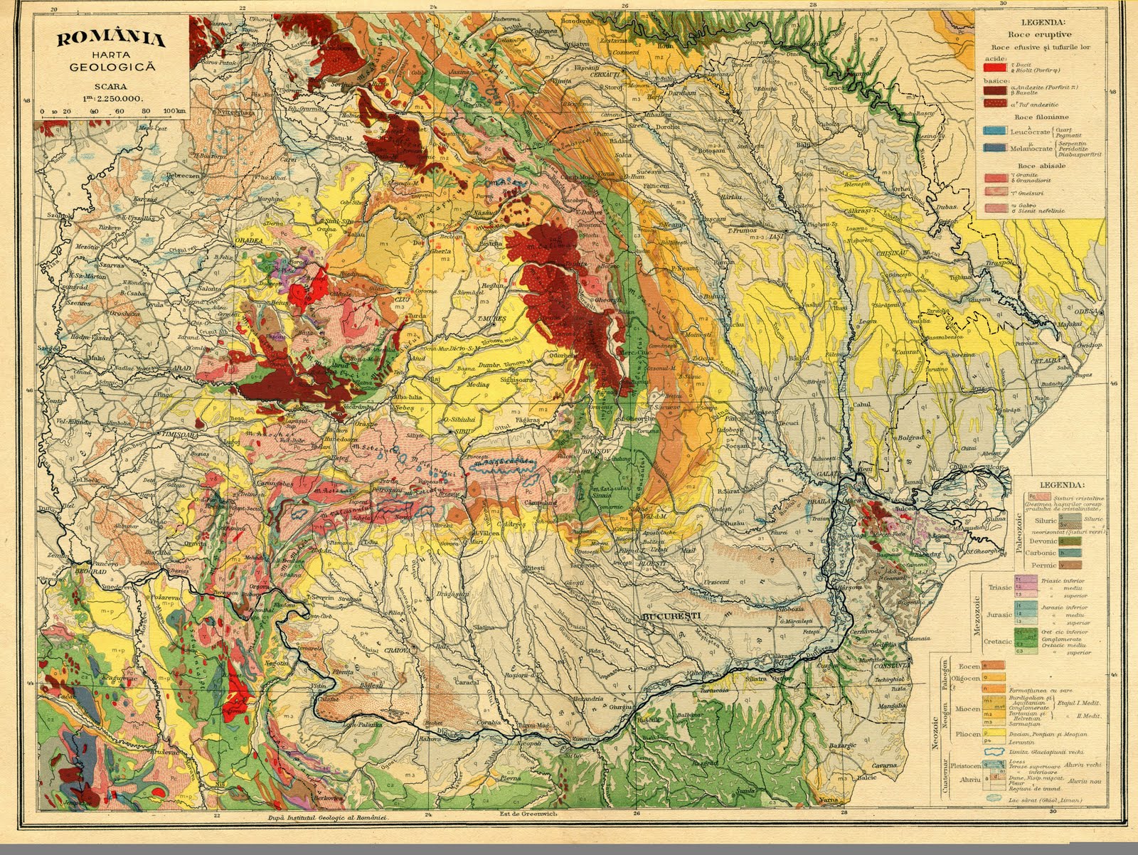 Fosile,Minerale,Roci: Harta geologica a Romaniei si a Europei