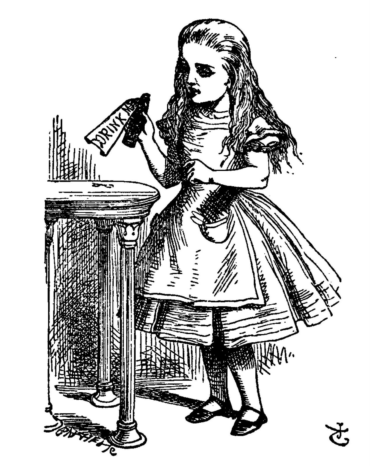 Vintage Ephemera: Book illustration, 'Drink me,' Alice in Wonderland, 1865