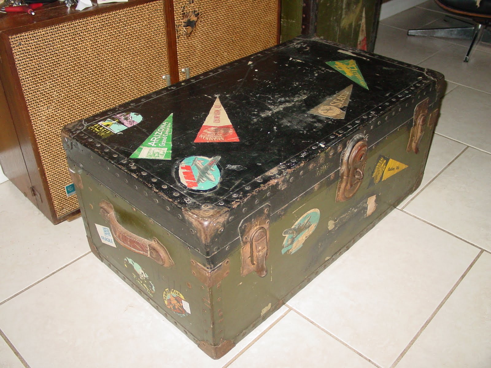 VINTAGE HIDE-OUT: Pair of Vintage Travel Trunks with Decals