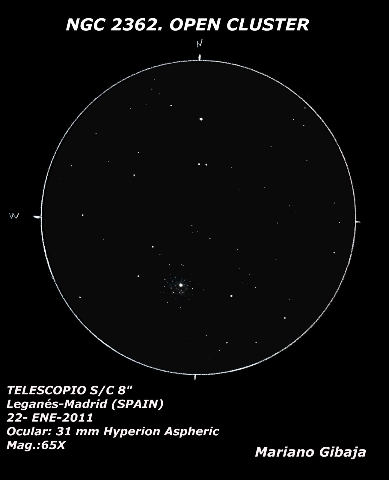 DIBUJO ASTRONÓMICO: NGC 2362. Cúmulo Abierto en Canis Major