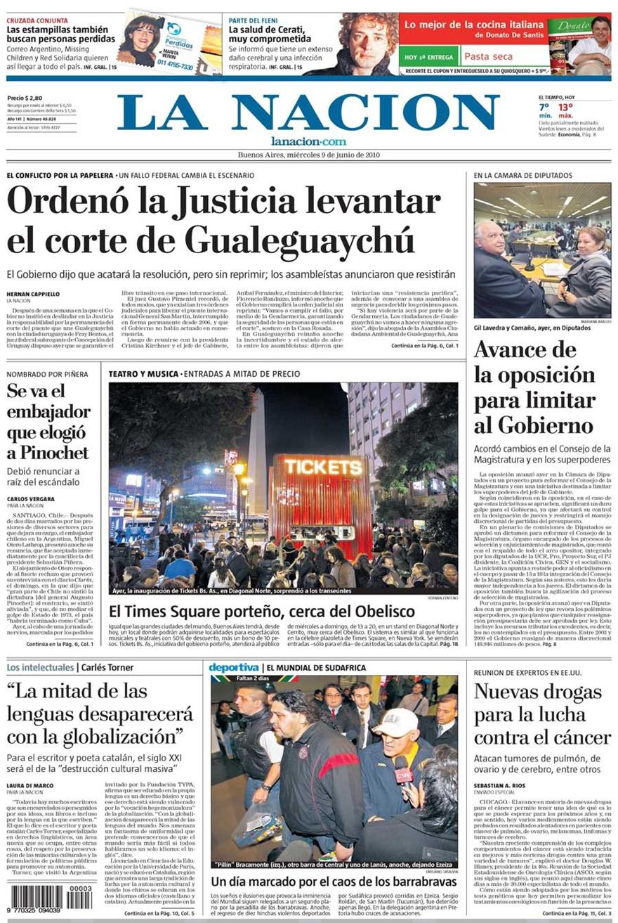 MGVD: PORTADA DEL DIARIO DIGITAL LA NACIÓN BUENOS AIRES, 9 DE JUNIO 2010.