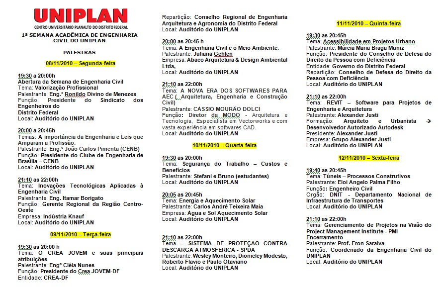 Crea JOVEM - DF: Semana Acadêmica de Engenharia Civil da UNIPLAN